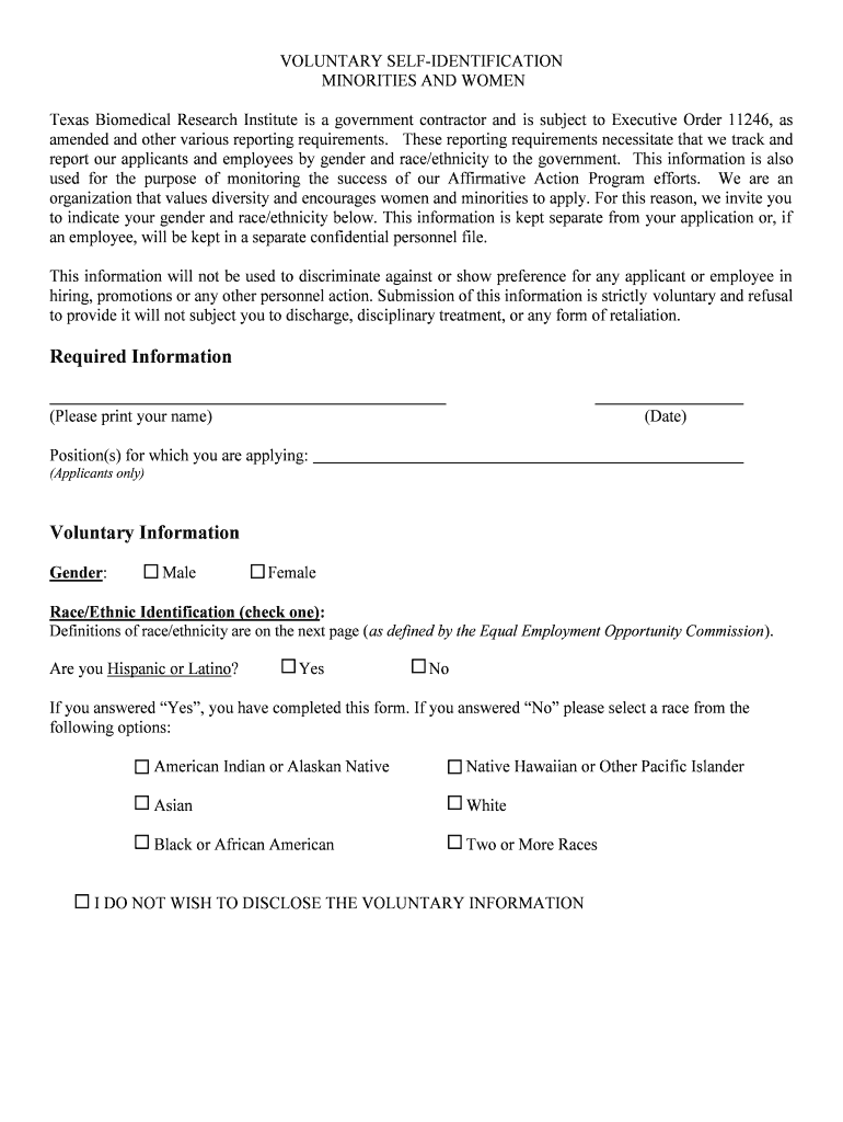 Fillable Online Voluntary Self ID Minorities and Women - Texas ...