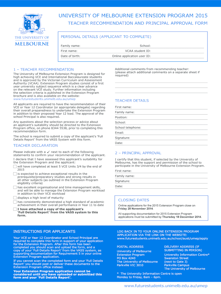 Fillable Online futurestudents unimelb edu Teacher Recommendation and ...