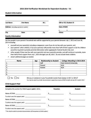 Fillable Online EAST CENTRAL UNIVERSITY 2013-2014 VERIFICATION WORKSHEET FOR DEPENDENT STUDENTS ...