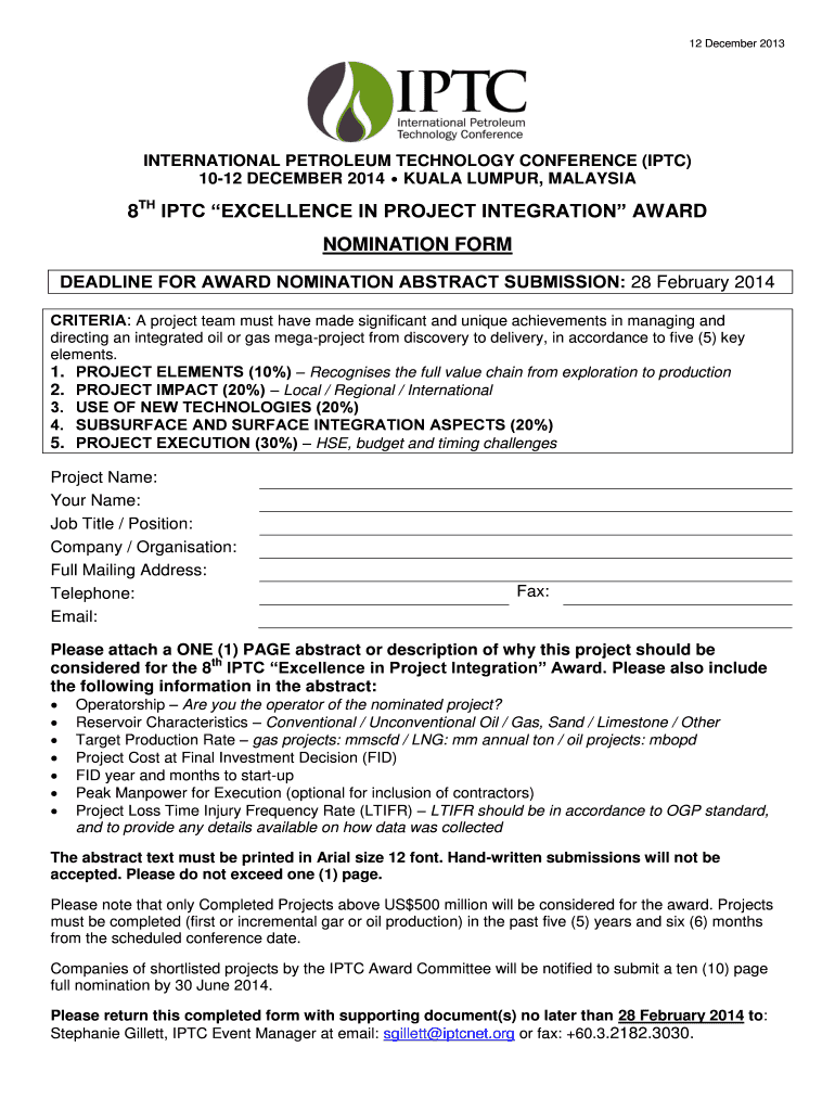 Fillable Online iptcnet 8 th iptc excellence in project integration ...