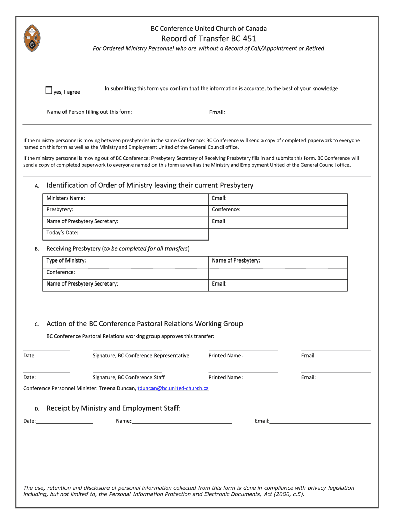 Fillable Online Record of Transfer BC 451 - BC Conference Fax Email ...