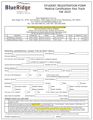 Fillable Online blueridgectc STUDENT REGISTRATION FORM Medical ...