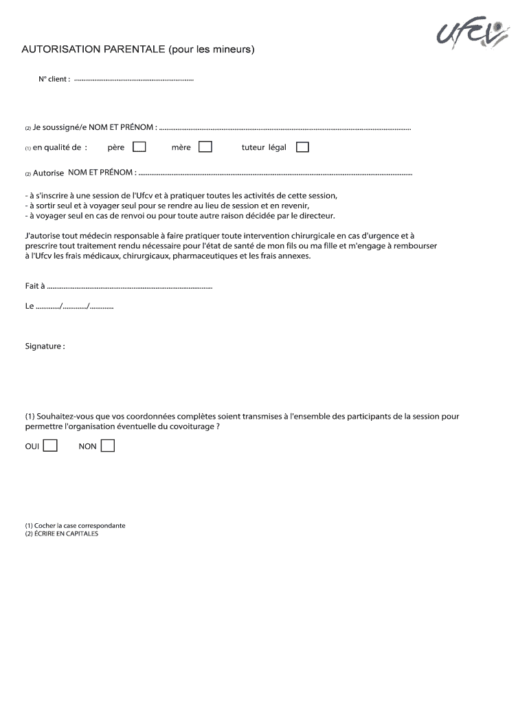Remplissable En Ligne bafa ufcv AUTORISATION PARENTALE (pour les ...