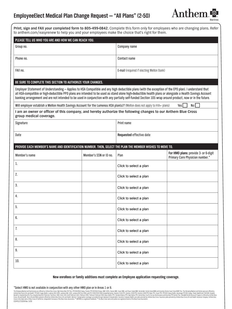 Fillable Online EmployeeElect Medical Plan Change Request All Plans (2 ...