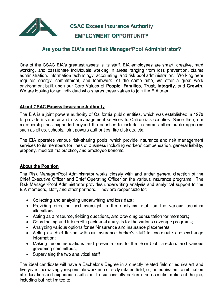 Fillable Online csac-eia Risk Manager Pool Administrator Packet - CSAC ...