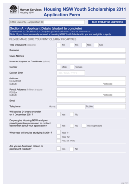 Fillable Online Housing NSW Youth Scholarship 2011 application form Fax ...