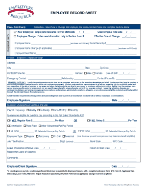 Fillable Online EMPLOYEE RECORD SHEET Required Entry Please Print ...