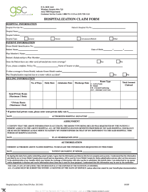Fillable Online greenshield HOSPITALIZATION CLAIM FORM - Green Shield ...