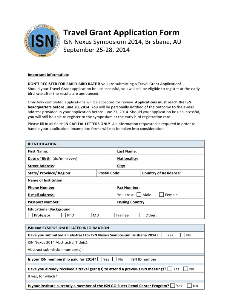 Fillable Online isnnexus NXBNE - Travel Grant Application Form Fax ...