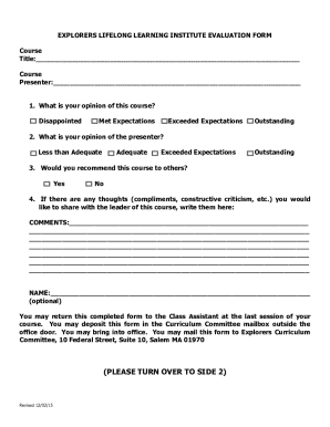 Fillable Online EXPLORERS LIFELONG LEARNING INSTITUTE EVALUATION FORM ...