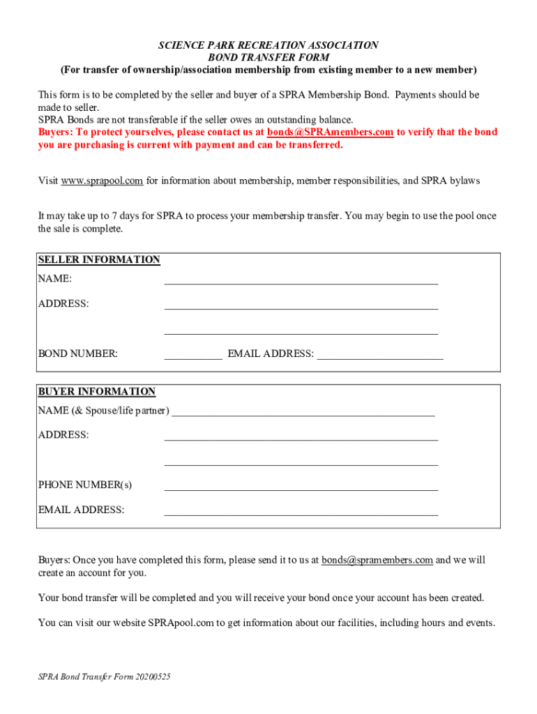 SCIENCE PARK RECREATION ASSOCIATION BOND TRANSFER FORM SPRA Bond ...