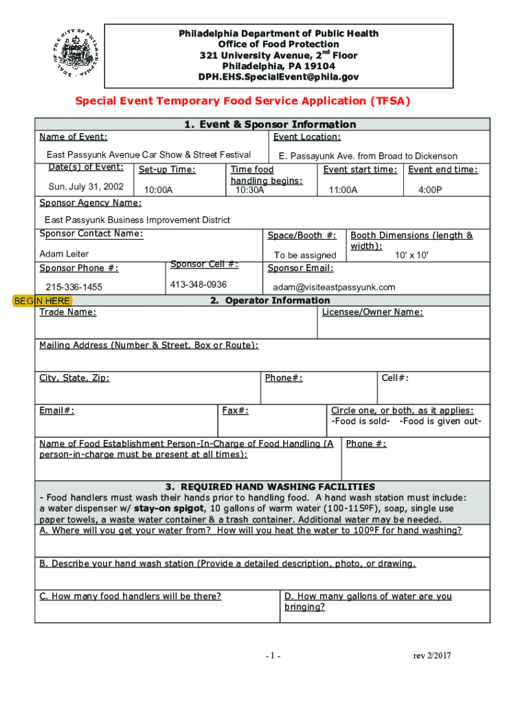 Fillable Online Special Event Temporary Food Service Application (TFSA ...