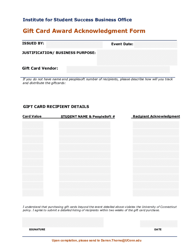 Fillable Online Gift Card Award Acknowledgment Form Fax Email Print ...