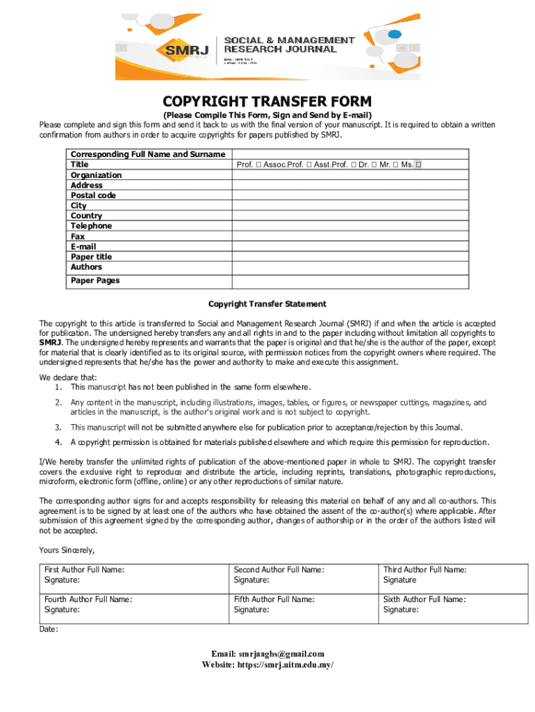 Fillable Online COPYRIGHT TRANSFER FORM - SMRJ UiTM Fax Email Print - pdfFiller