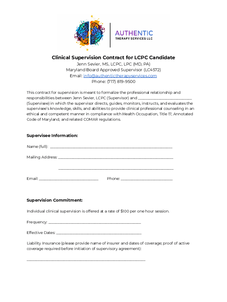 Fillable Online Clinical Supervision Contract for LCPC Candidate Fax ...