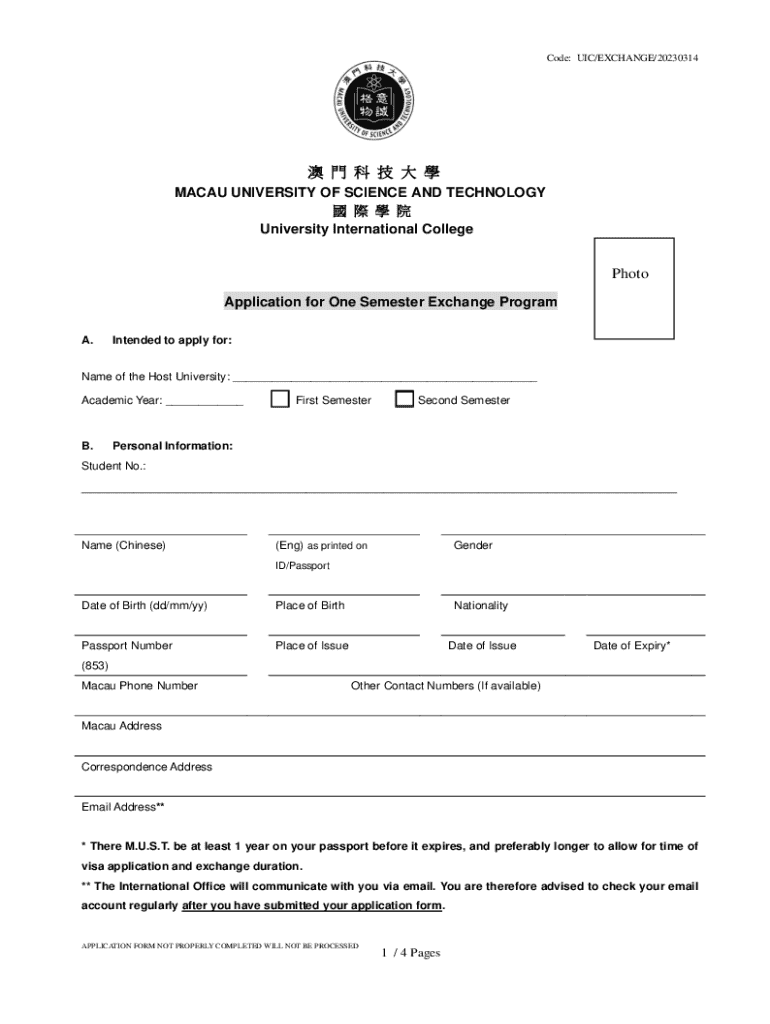 Fillable Online Application for One Semester Exchange Program Fax Email ...