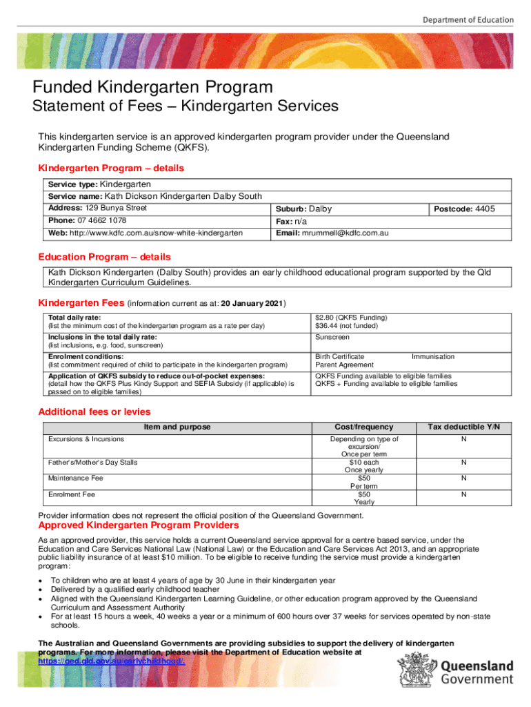 Statement of Fees – Kindergarten Services Funded Kindergarten Program ...