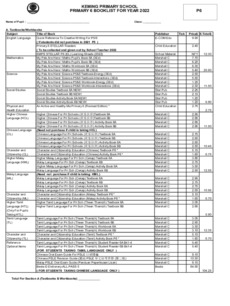 Keming Primary School Primary 6 Booklist and Stationery List for Year ...