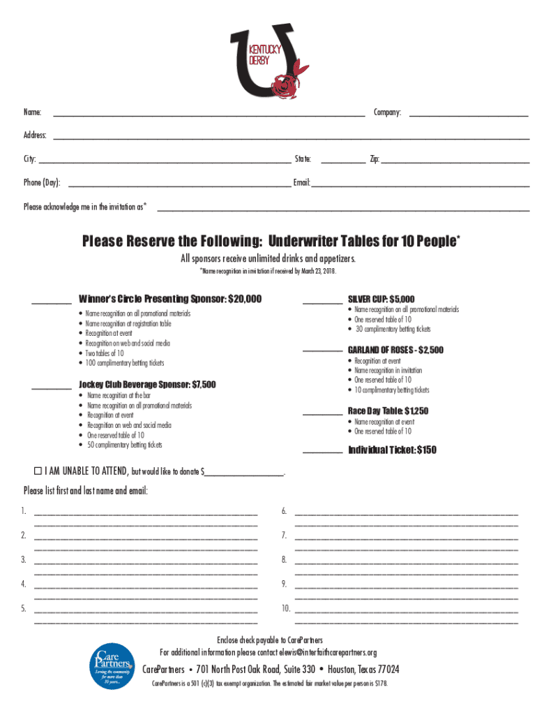 Fillable Online Underwriter Tables for 10 People* Please Reserve the ...