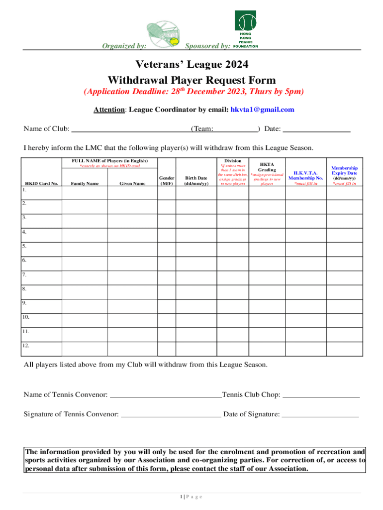 Fillable Online Veterans' League 2024 Withdrawal Player Request Form ...