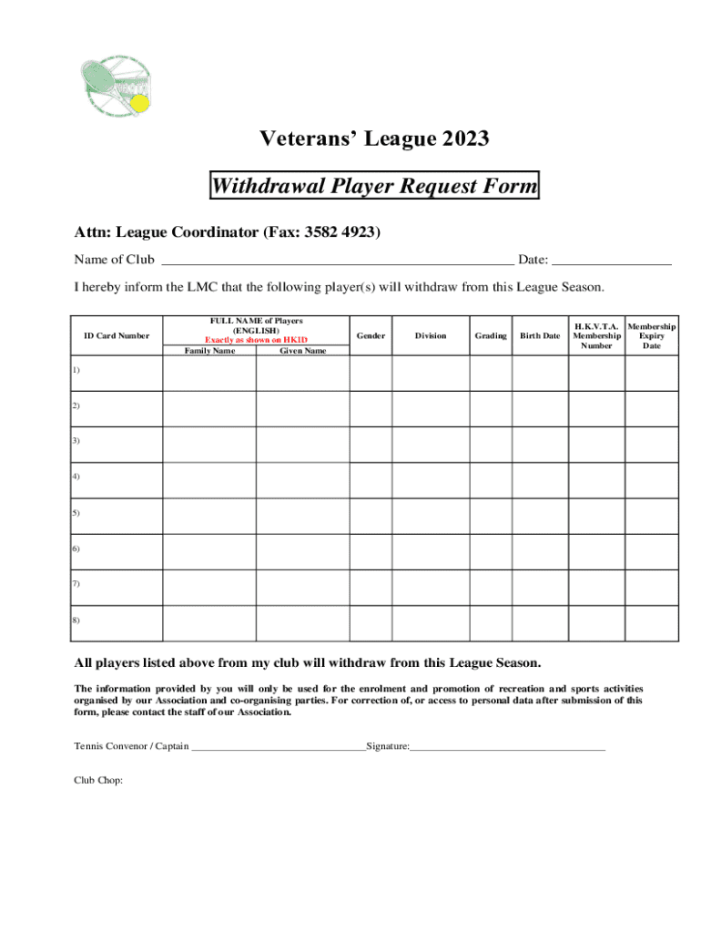 Fillable Online Veterans' League 2023 Withdrawal Player Request Form ...