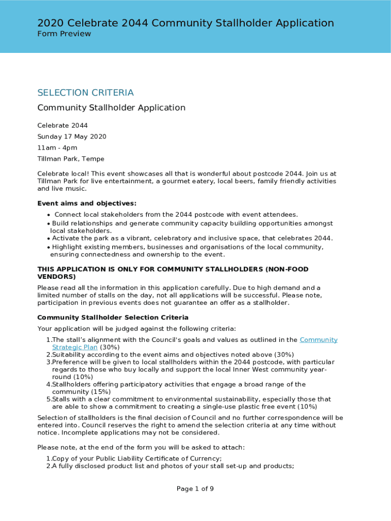 Fillable Online 2020 Celebrate 2044 Community Stallholder Application Fax Email Print - pdfFiller