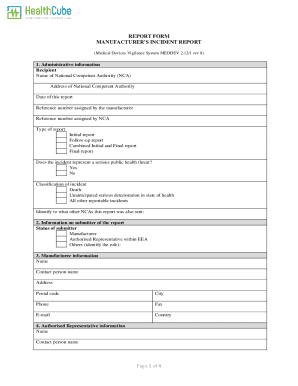 Fillable Online 1 Report Form Manufacturer's Incident Report / Medical ...