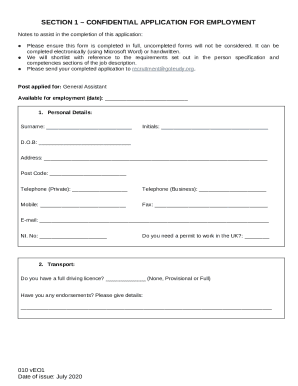 SECTION 1 CONFIDENTIAL APPLICATION FOR EMPLOYMENT Doc Template | pdfFiller