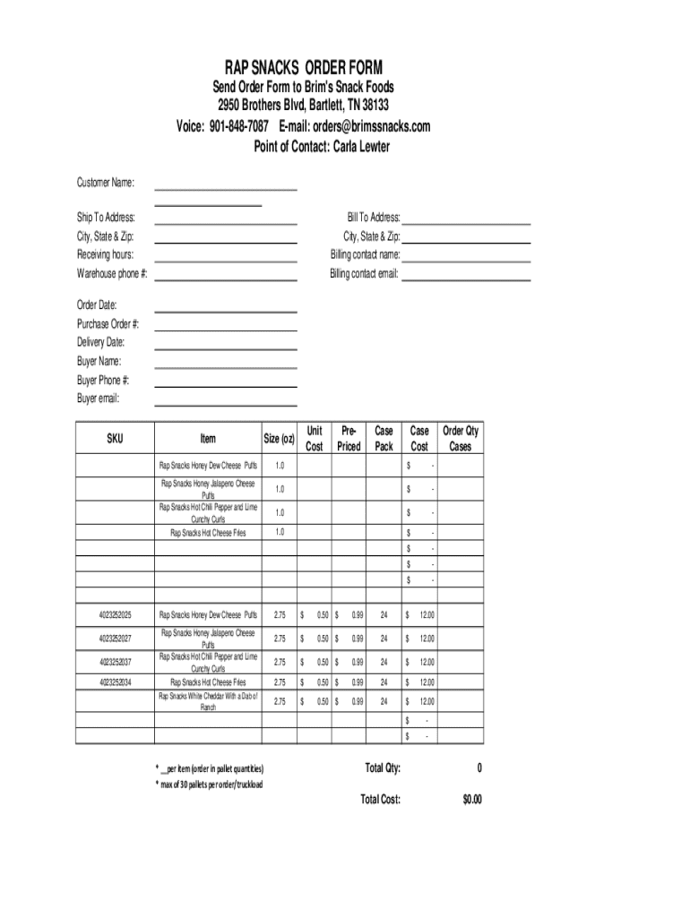 Fillable Online RAP SNACKS ORDER FORM Fax Email Print - pdfFiller