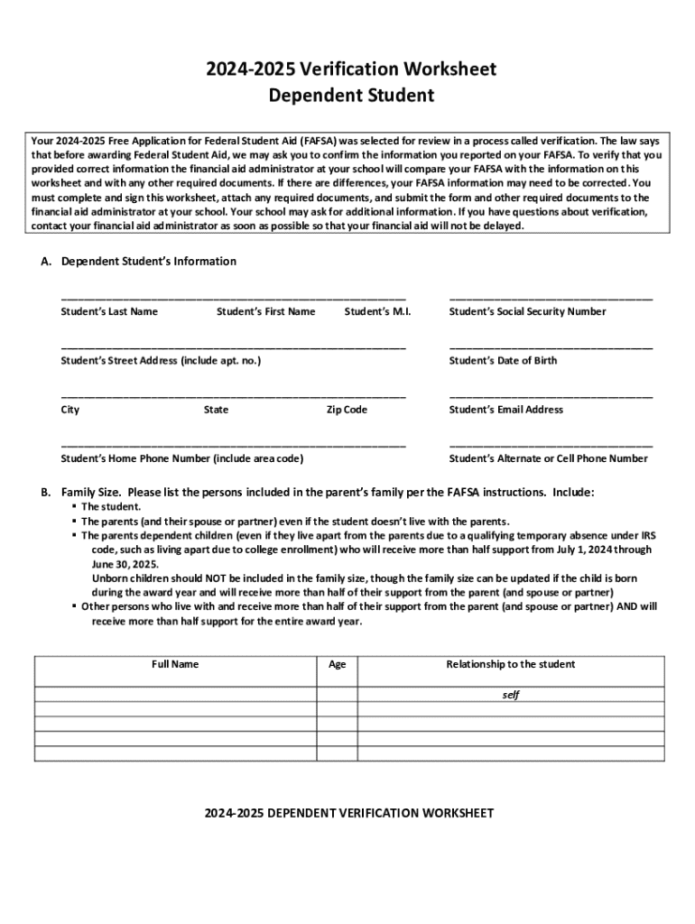Fillable Online 2024-2025 Dependent Verification Worksheet Federal ... Fax Email Print - pdfFiller