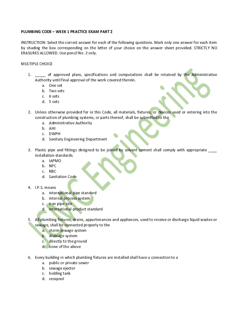 Fillable Online plumbing code week 1 practice exam part 2 Fax Email Print - pdfFiller