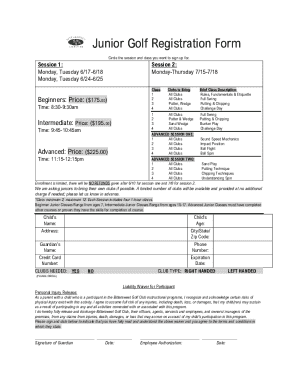 Fillable Online Junior Golf Registration Form - Bittersweet Golf Club ...