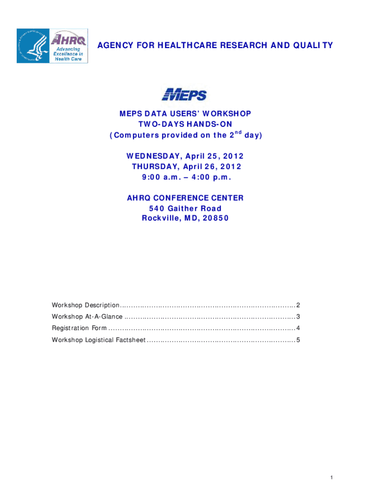 Fillable Online meps ahrq MEPS DATA USERS' WORKSHOP TWO-DAYS HANDS-ON Fax Email Print - pdfFiller