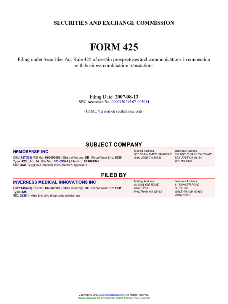 Fillable Online HEMOSENSE INC (Form. Accession Number Fax Email Print - pdfFiller