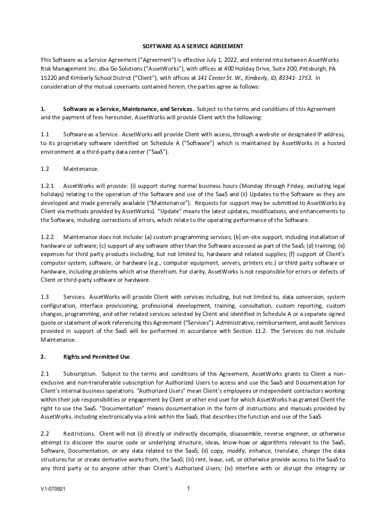 Fillable Online 1 SOFTWARE AS A SERVICE AGREEMENT This ... Fax Email ...