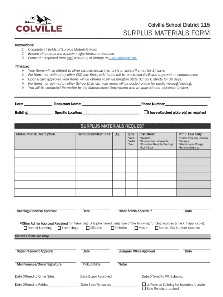 Fillable Online SURPLUS MATERIALS FORM Fax Email Print - pdfFiller