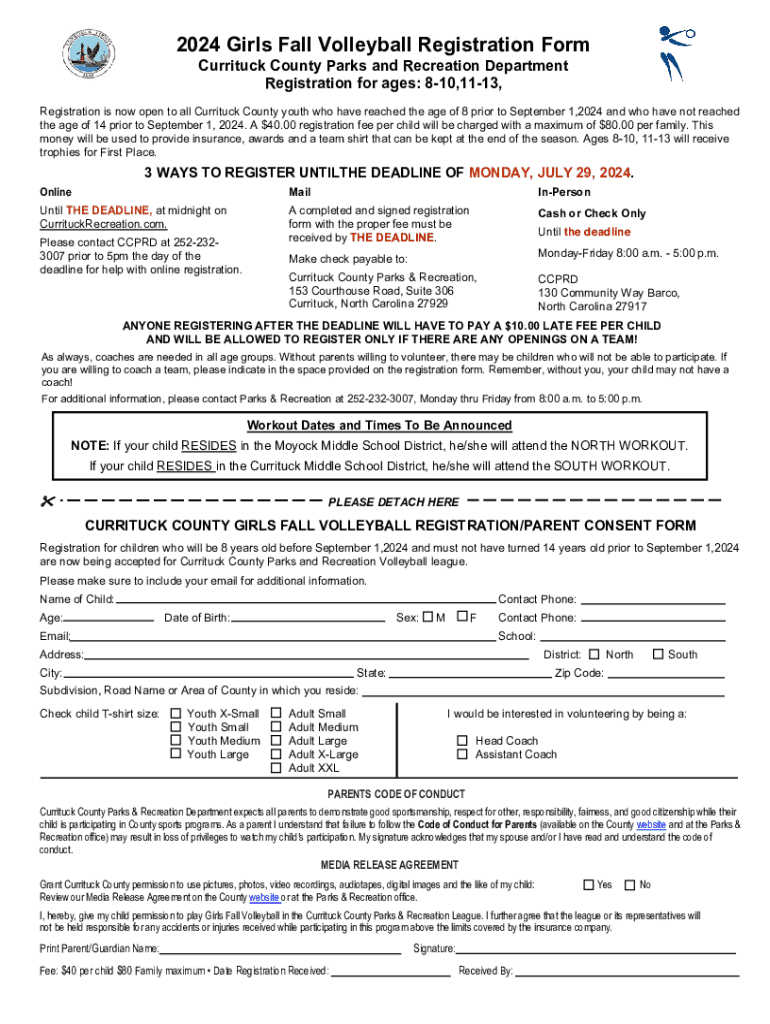 Fillable Online Currituck County Parks & Recreation Girls Fall Volleyball Registration Form Fax ...