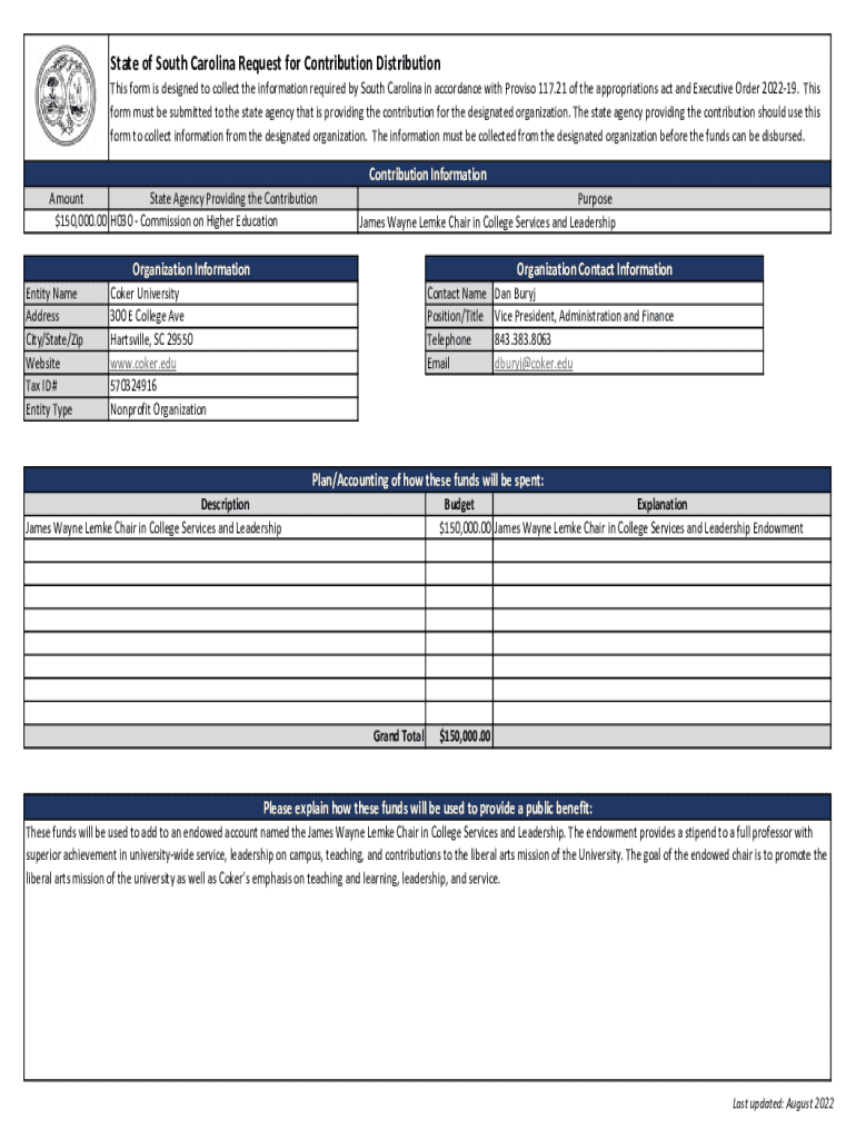 Fillable Online che sc 21 of the appropriations act and Executive Order ...