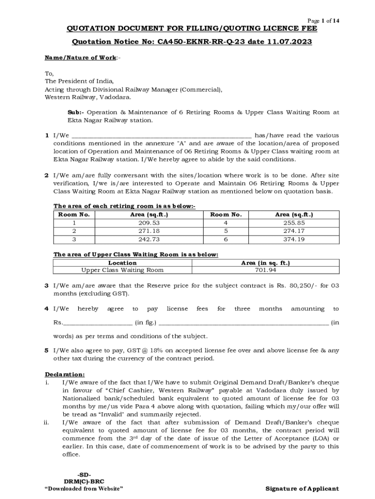 Fillable Online wr indianrailways gov QUOTATION DOCUMENT FOR FILLING ...