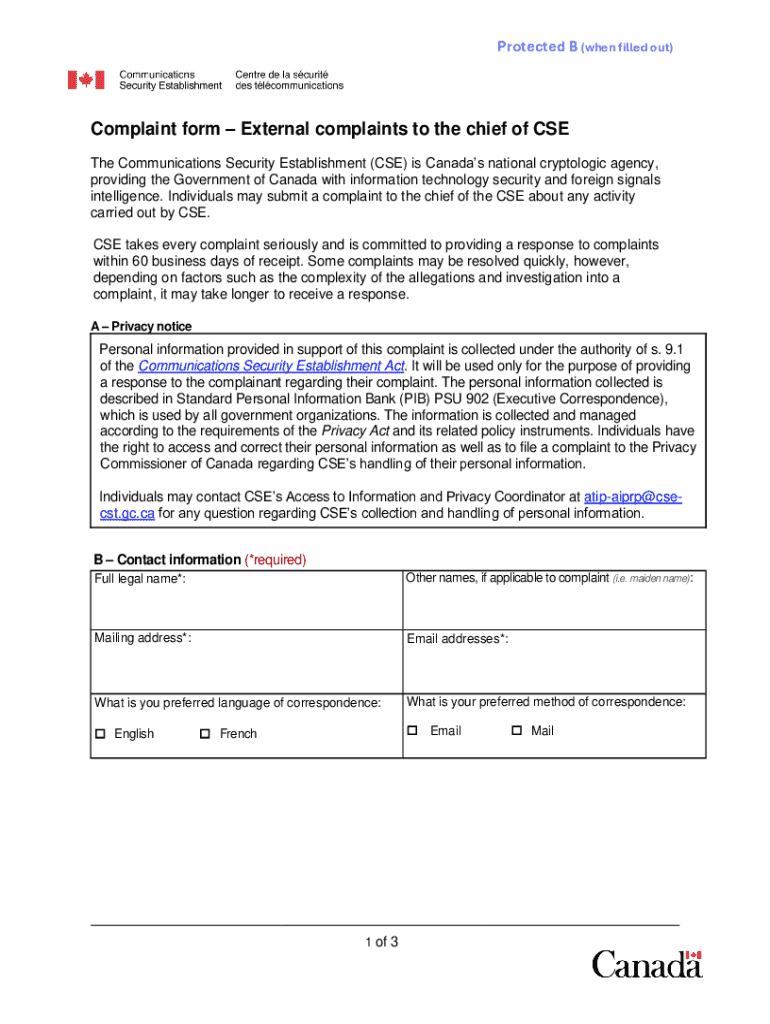 Fillable Online Complaint formExternal complaints to the chief of CSE Fax Email Print - pdfFiller