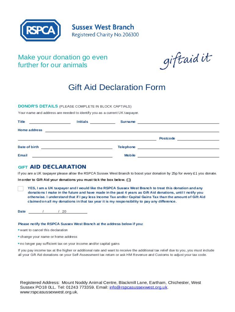 Gift aid declaration - Mount Noddy Animal Centre Doc Template | pdfFiller