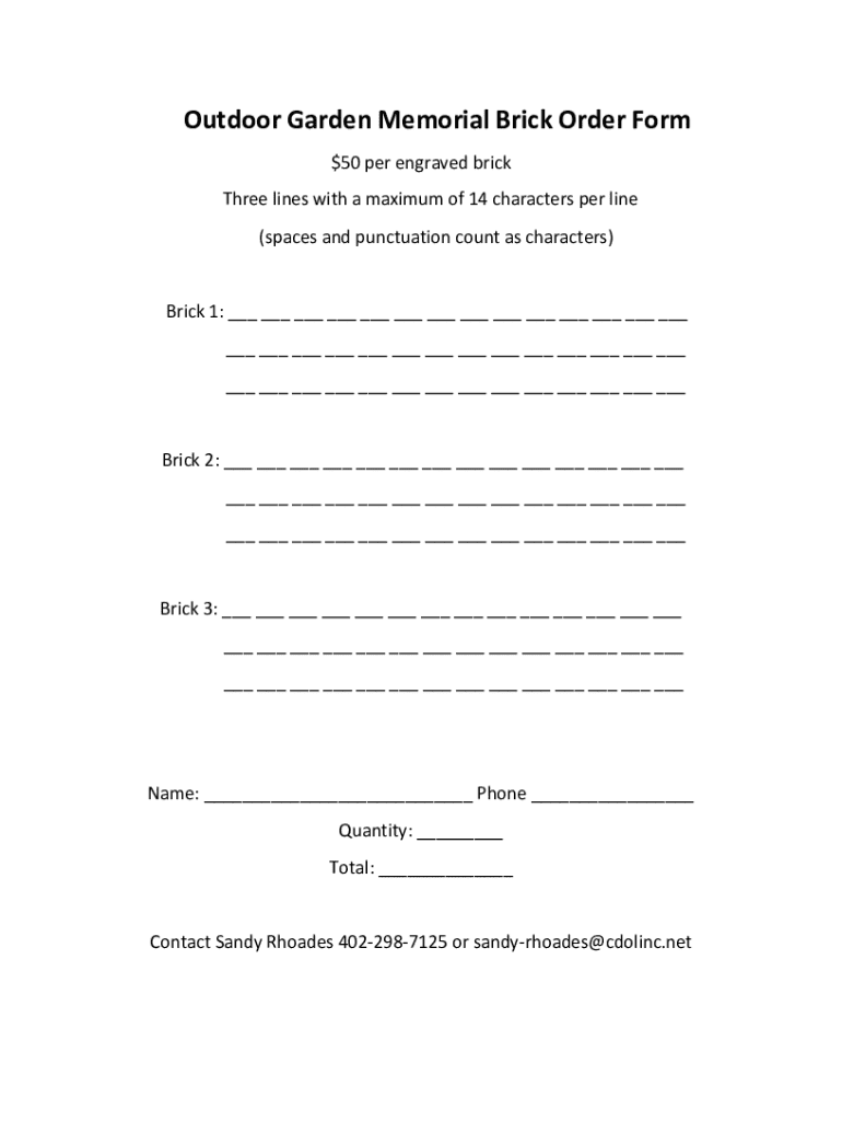 Fillable Online Outdoor Garden Memorial Brick Order Form Fax Email ...