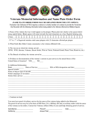 Fillable Online Veterans Memorial Information and Name Plate Order Form ...