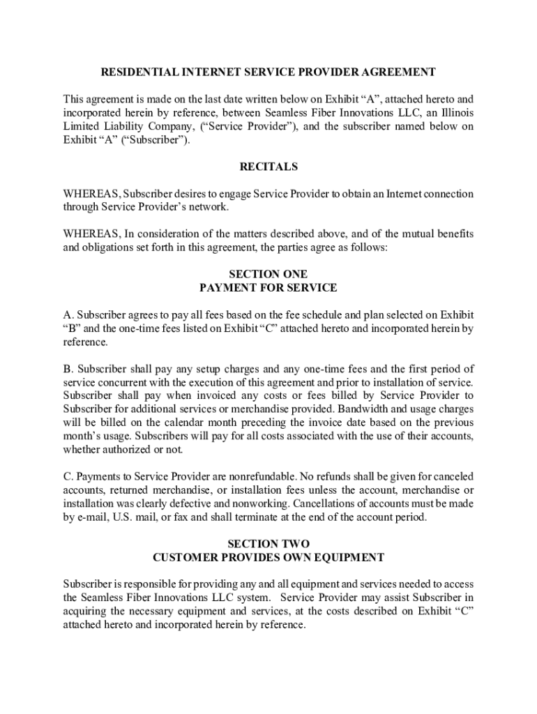 Fillable Online Residential Internet Service Provider Agreement Sample ...