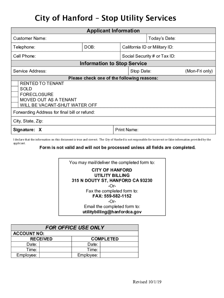 Fillable Online Utility Service Application (Landlord Only) - City of Hanford Fax Email Print ...