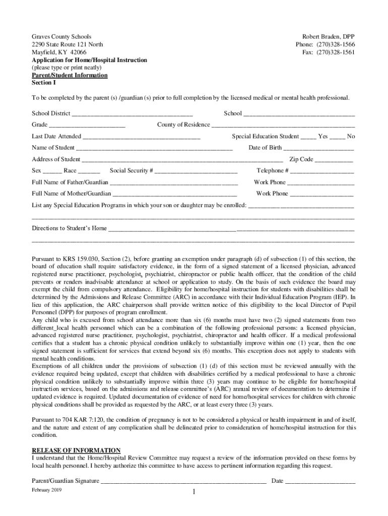 Fillable Online Home Hospital (Homebound) - Graves County Schools Fax ...