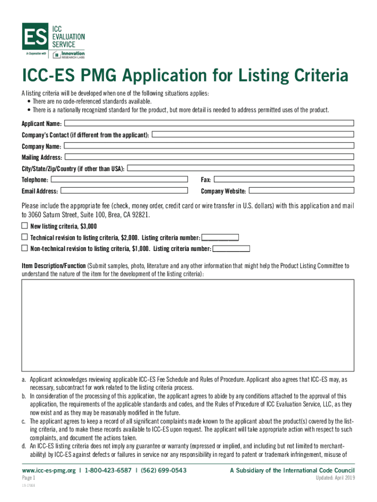 Fillable Online Fillable Online icc-es-pmg 13 Application for Listing ...