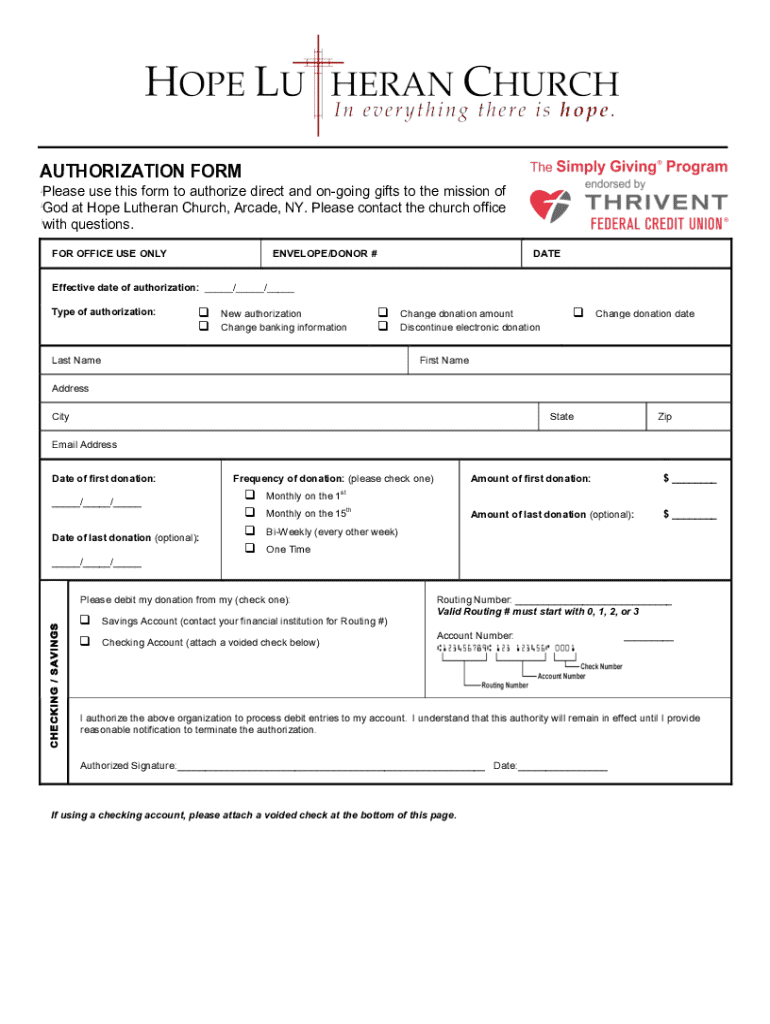 Fillable Online AUTHORIZATION FORM - Hope Lutheran Church Fax Email Print - pdfFiller