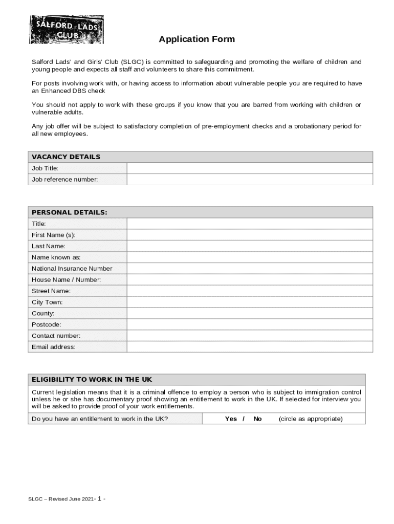 Salford Lads’ and Girls’ Club Application Application Doc Template ...