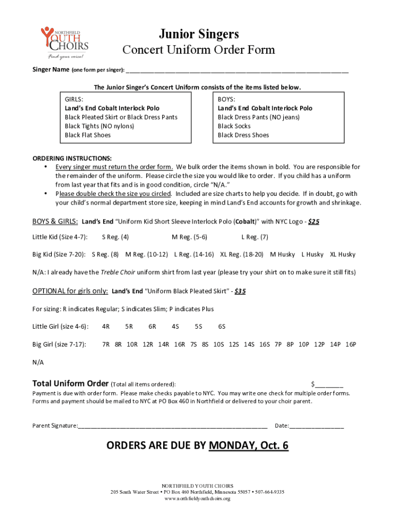 Fillable Online Junior Singers Concert Uniform Order Form Fax Email ...